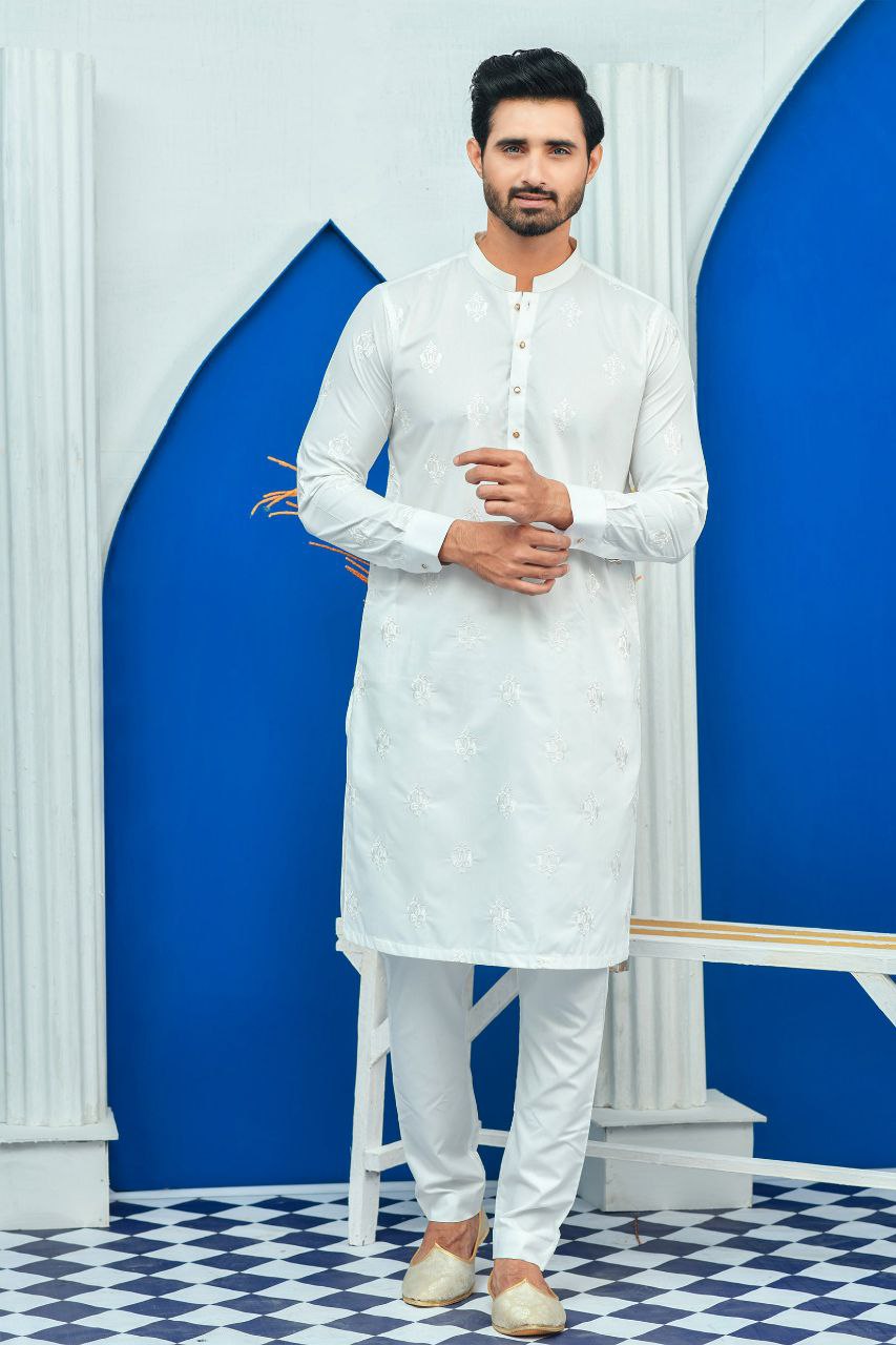 WHITE EMBROIDERED DESIGNER MEN'S KURTA ONLY